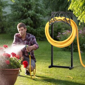 GREENER Garden Hose Holder GREENER Detachable Water Hose Holder Freestanding Heavy Duty Metal Hose Hanger Holds 150-feet Hose,Outdoor Hose Holder Storage Hose Stand Rack For Outside Yard Lawn,Black