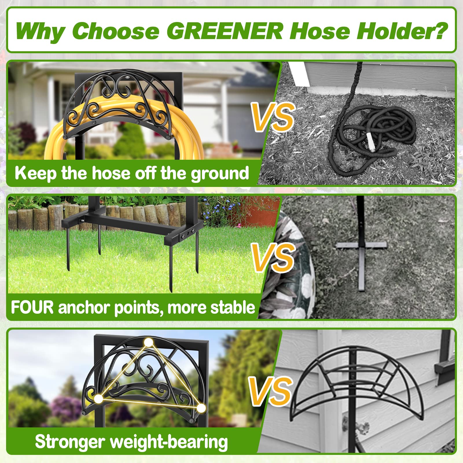 GREENER Garden Hose Holder GREENER Detachable Water Hose Holder Freestanding Heavy Duty Metal Hose Hanger Holds 150-feet Hose,Outdoor Hose Holder Storage Hose Stand Rack For Outside Yard Lawn,Black