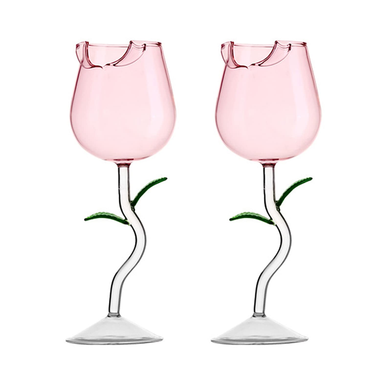 MEUMITY 2 PCS Rose Shaped Cocktail Cup,Creative Flower Shaped Red Wine Glasses with Lifelike Leaves Multifunctional Fashion Household Cups for Wedding Birthday Bar Party,Pink