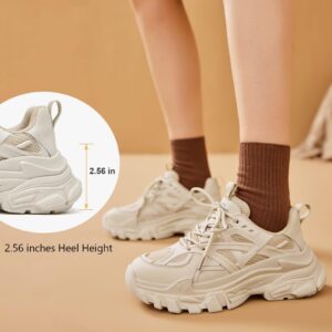 BEAU TODAY Chunky Sneakers for Women, Fashion Platform Sneakers Dad Shoes for Women, Casual Lace-up Walking Shoes Beige US 6