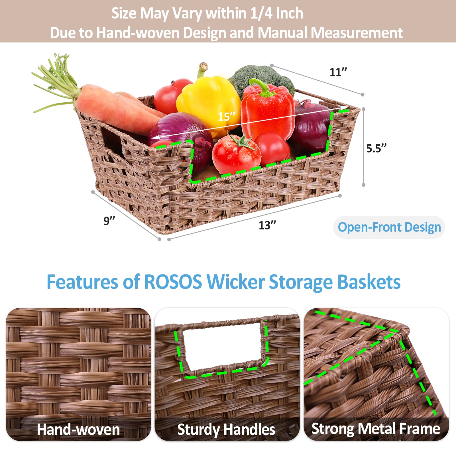 ROSOS Wicker Storage Basket 2 Pack, Large Wicker Baskets for Storage 15", Waterproof Plastic Wicker Baskets for Organizing, Open-Front Storage Baskets for Shelves