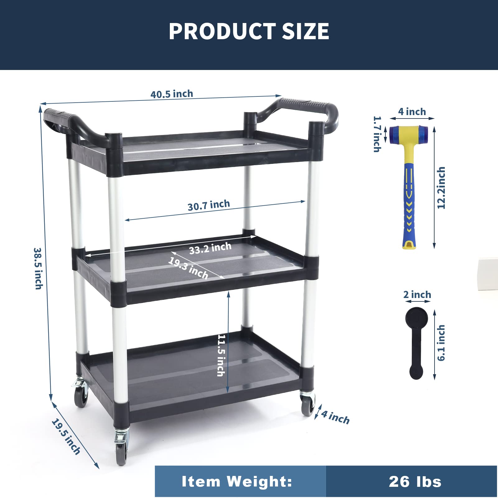 Utility Carts with Wheels, CRAFTFORCE 3-Tier Food Service Cart, Heavy Duty 528lb Capacity Rolling Utility Cart with Lockable Wheels for Office, Kitchen, Garage, Warehouse, 40.5" x 19.5" x 38.5", Black