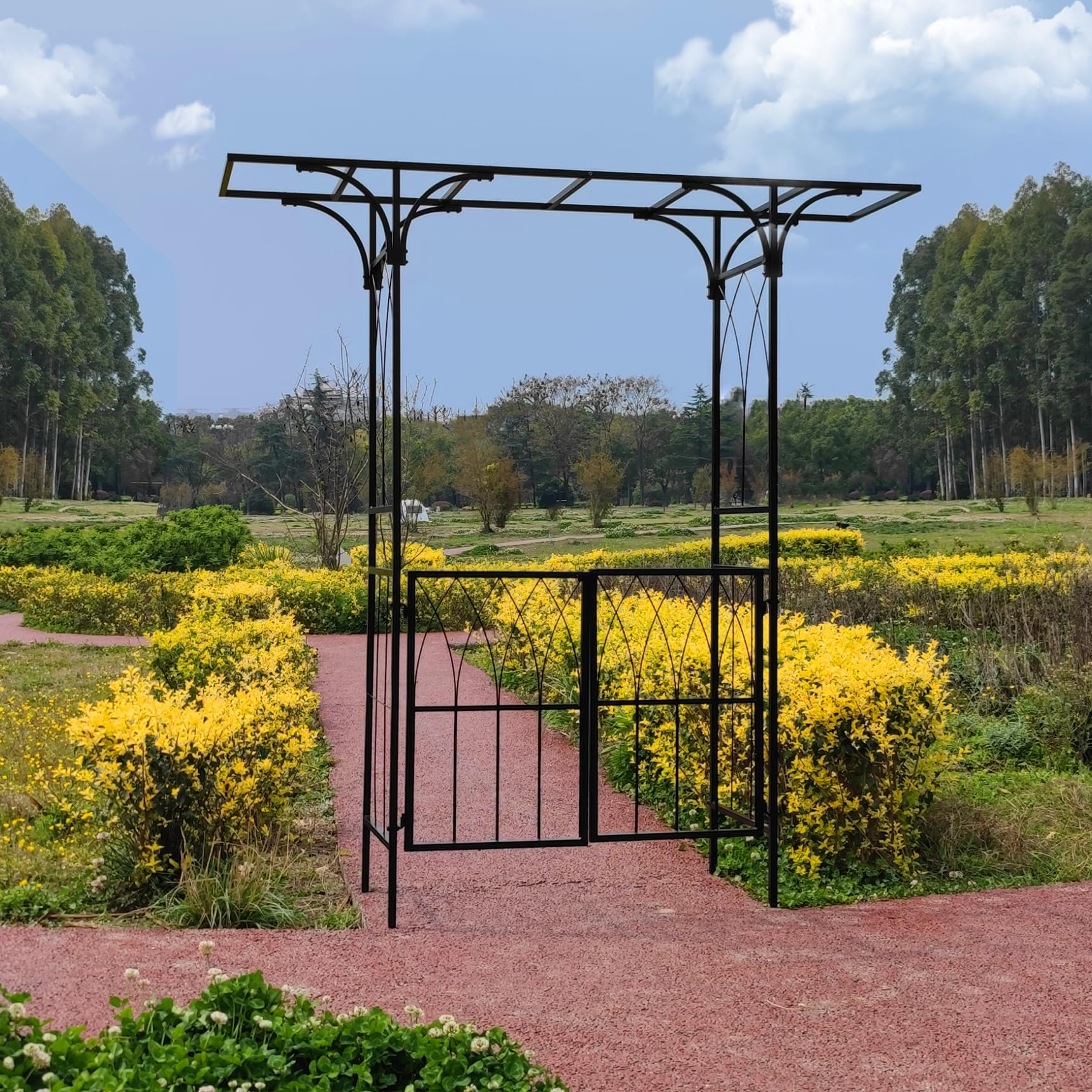 MOOFAR Metal Garden Arch with Double Gate Heavy-Duty Arbor Trellis Arbour Archway for Climbing Plants Support Rack, Outdoor Lawn Backyard Patio Decoration, Matte Black 79.5''L x 82.7''H