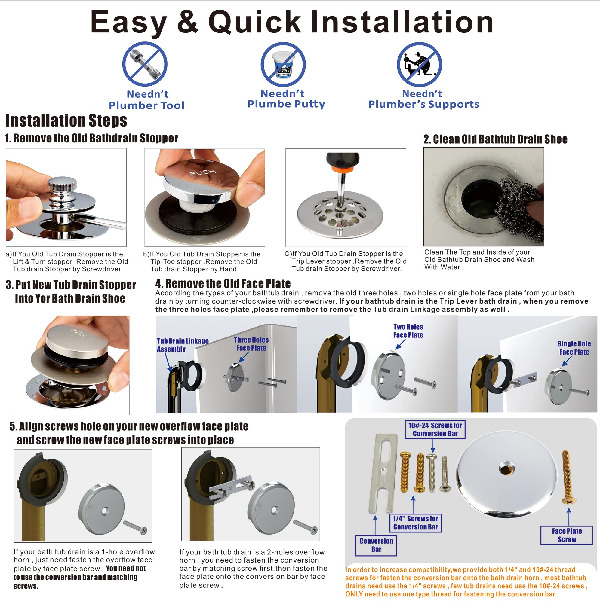 Brushed Nickel Universal Tub Drain Tip Toe Tub Conversion Kit Assembly, Artiwell EZ Installation Bathtub Drain Replacement Trim Kit with 1-Hole Overflow Face Plate and Pop-Up Tub Stopper