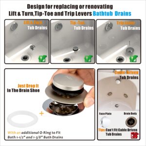 Brushed Nickel Universal Tub Drain Tip Toe Tub Conversion Kit Assembly, Artiwell EZ Installation Bathtub Drain Replacement Trim Kit with 1-Hole Overflow Face Plate and Pop-Up Tub Stopper