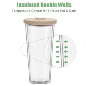 UHAPEER 2 Pack Reusable Boba Tea Cups, 24oz Iced Coffee Cup with Straw and Lid, Leakproof Clear Plastic Cups Tumbler, Double Wall Insulated Smoothie Tumbler, Wide Straw for Bubble Tea, Cinnamon&Olive