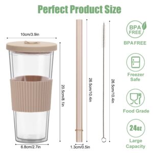 UHAPEER 2 Pack Reusable Boba Tea Cups, 24oz Iced Coffee Cup with Straw and Lid, Leakproof Clear Plastic Cups Tumbler, Double Wall Insulated Smoothie Tumbler, Wide Straw for Bubble Tea, Cinnamon&Olive