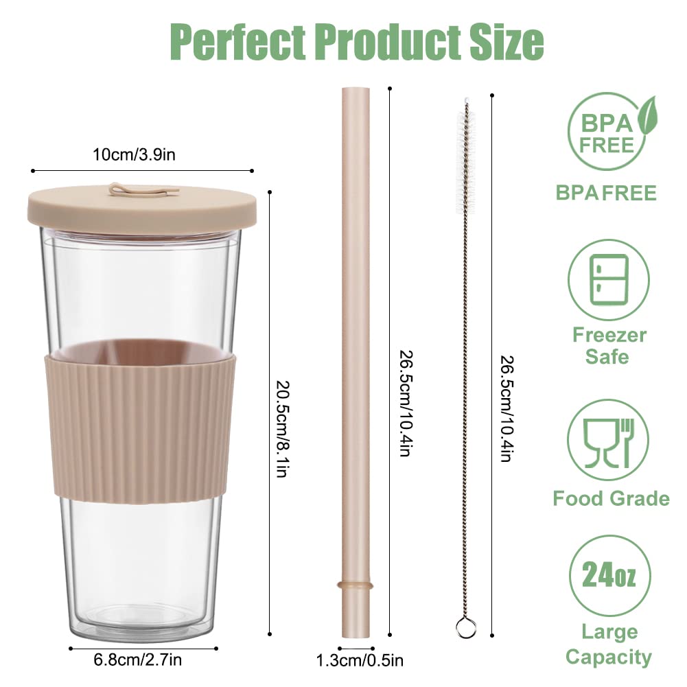 UHAPEER 2 Pack Reusable Boba Tea Cups, 24oz Iced Coffee Cup with Straw and Lid, Leakproof Clear Plastic Cups Tumbler, Double Wall Insulated Smoothie Tumbler, Wide Straw for Bubble Tea, Cinnamon&Olive