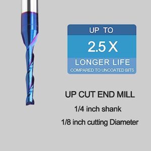 Spiral Router Bits Up Cut 1/8 inch Cutting Dia 1/4 inch Shank Solid Carbide End Mill with Nanco Blue Coating CNC Bits for Wood Cut 3D Carving Engraving…