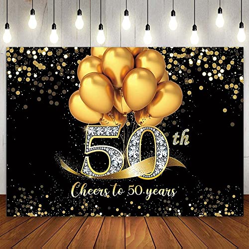 Happy 50th Birthday Backdrop Party Banner Black Gold Cheers to 50 Years Glitter Dot Balloon for Women Men Pography Background