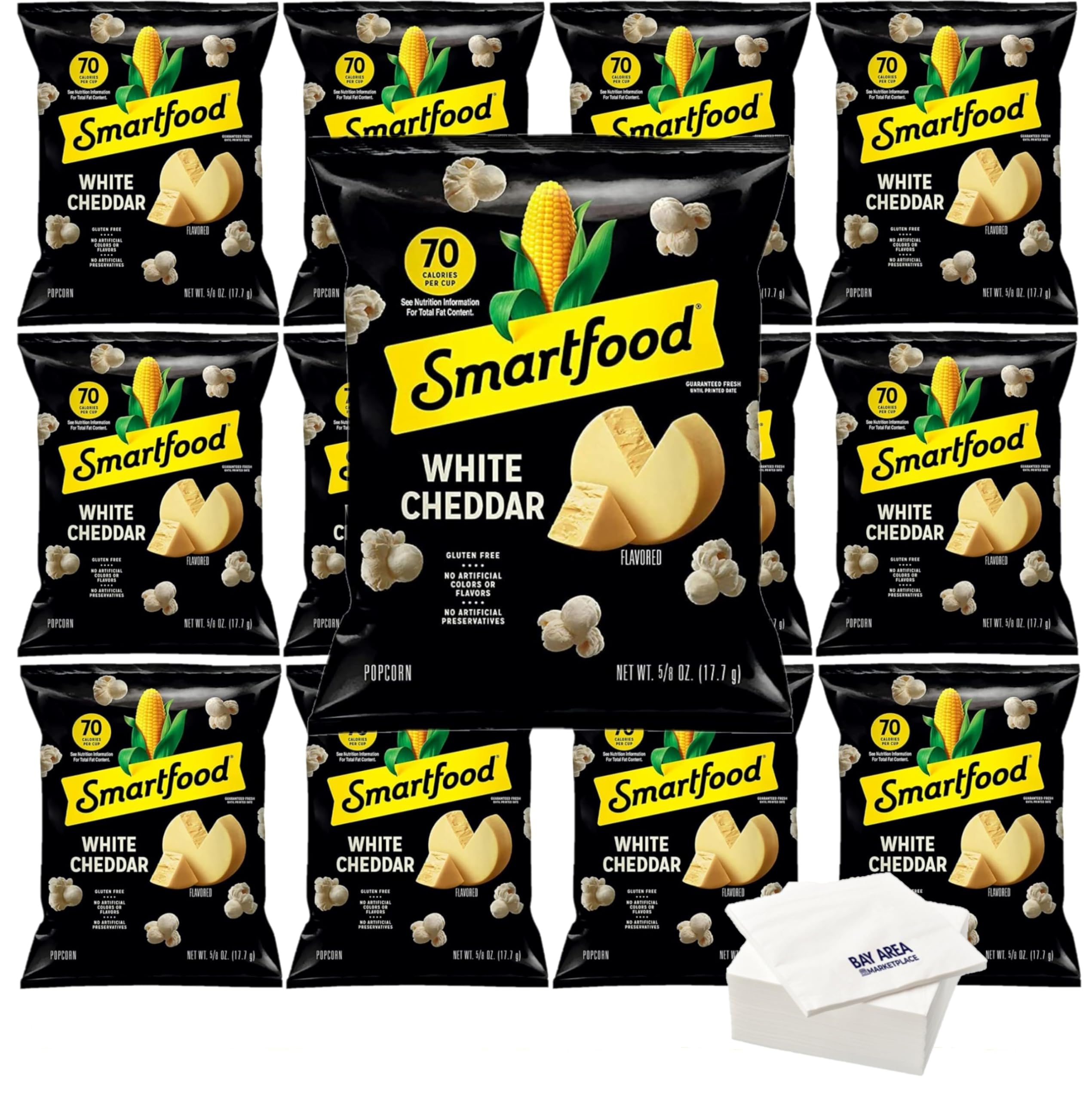 Smartfood White Cheddar Popcorn, 0.625oz Bags, (Pack of 10) with Bay Area Marketplace napkins