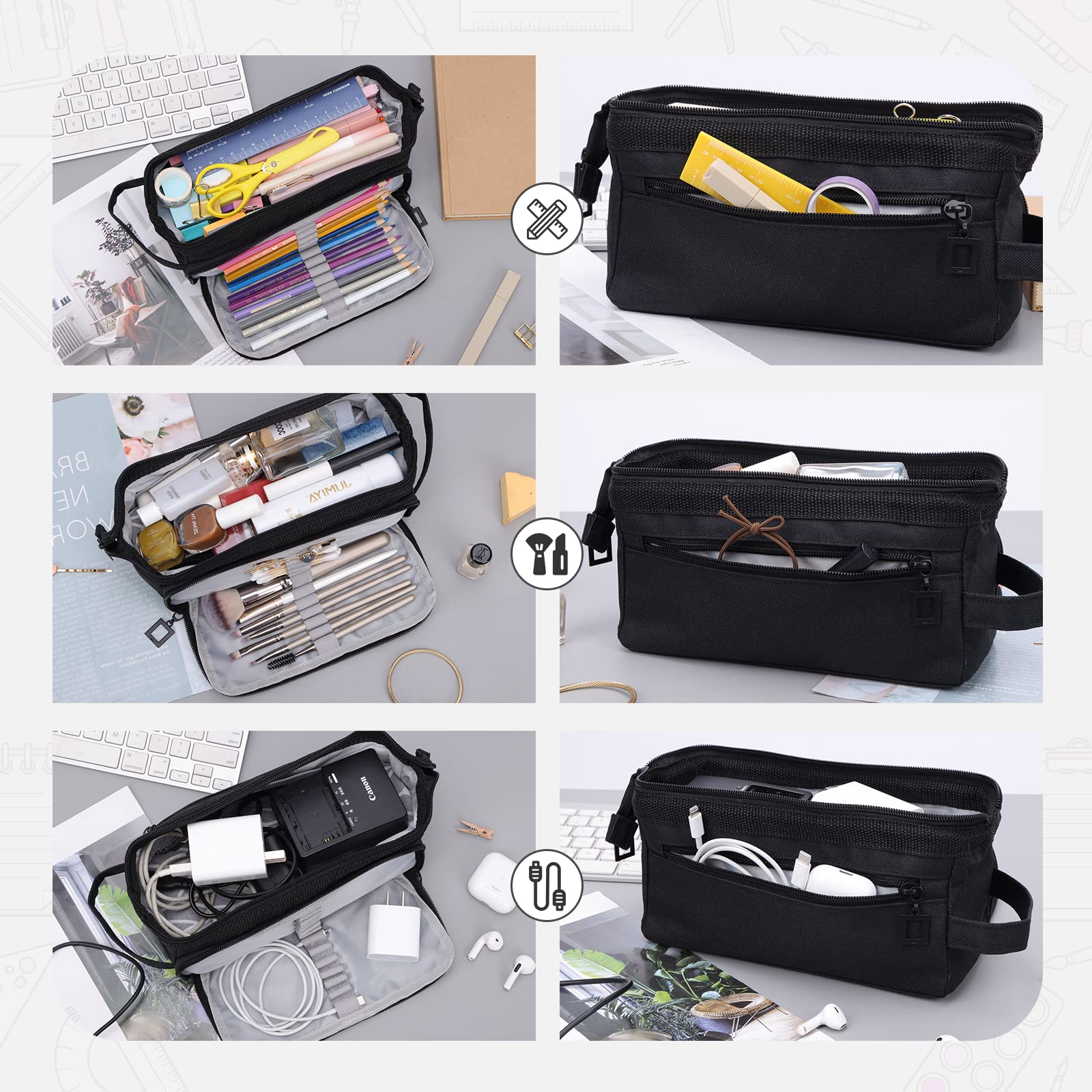 EOOUT Large Capacity Pencil Case Pencil Pouch Box, Big Organized Pencil Bag with Handle Cute Cosmetic Bag for College Middle School Travel Office Supllies Organizer (Black)