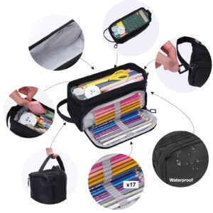 EOOUT Large Capacity Pencil Case Pencil Pouch Box, Big Organized Pencil Bag with Handle Cute Cosmetic Bag for College Middle School Travel Office Supllies Organizer (Black)