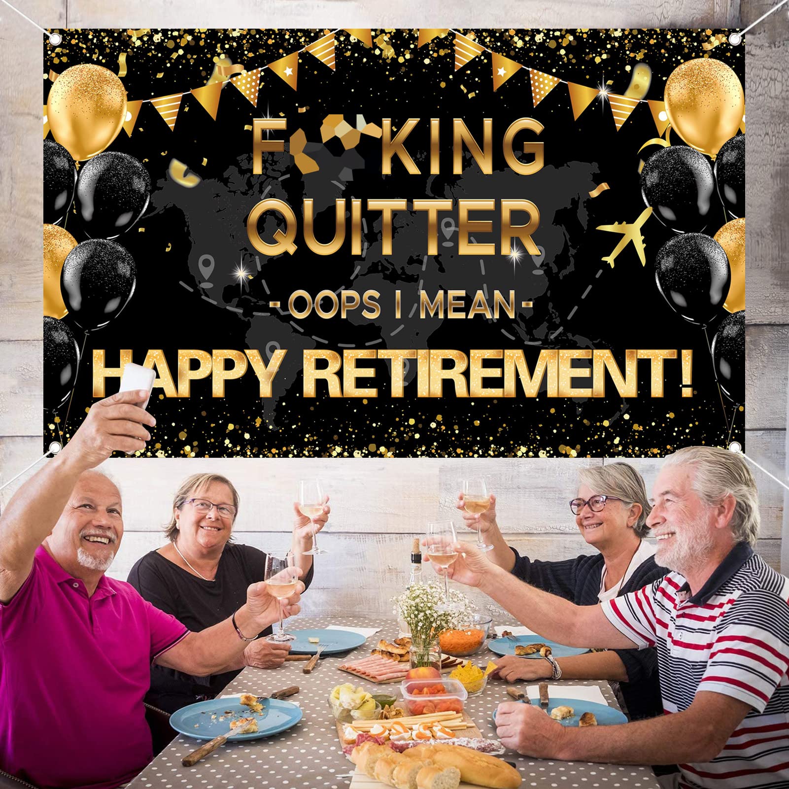 Retirement Party Decorations Happy Retirement Banner Backdrop Black and Gold Retirement Decorations for Men and Women Happy Retirement Sign