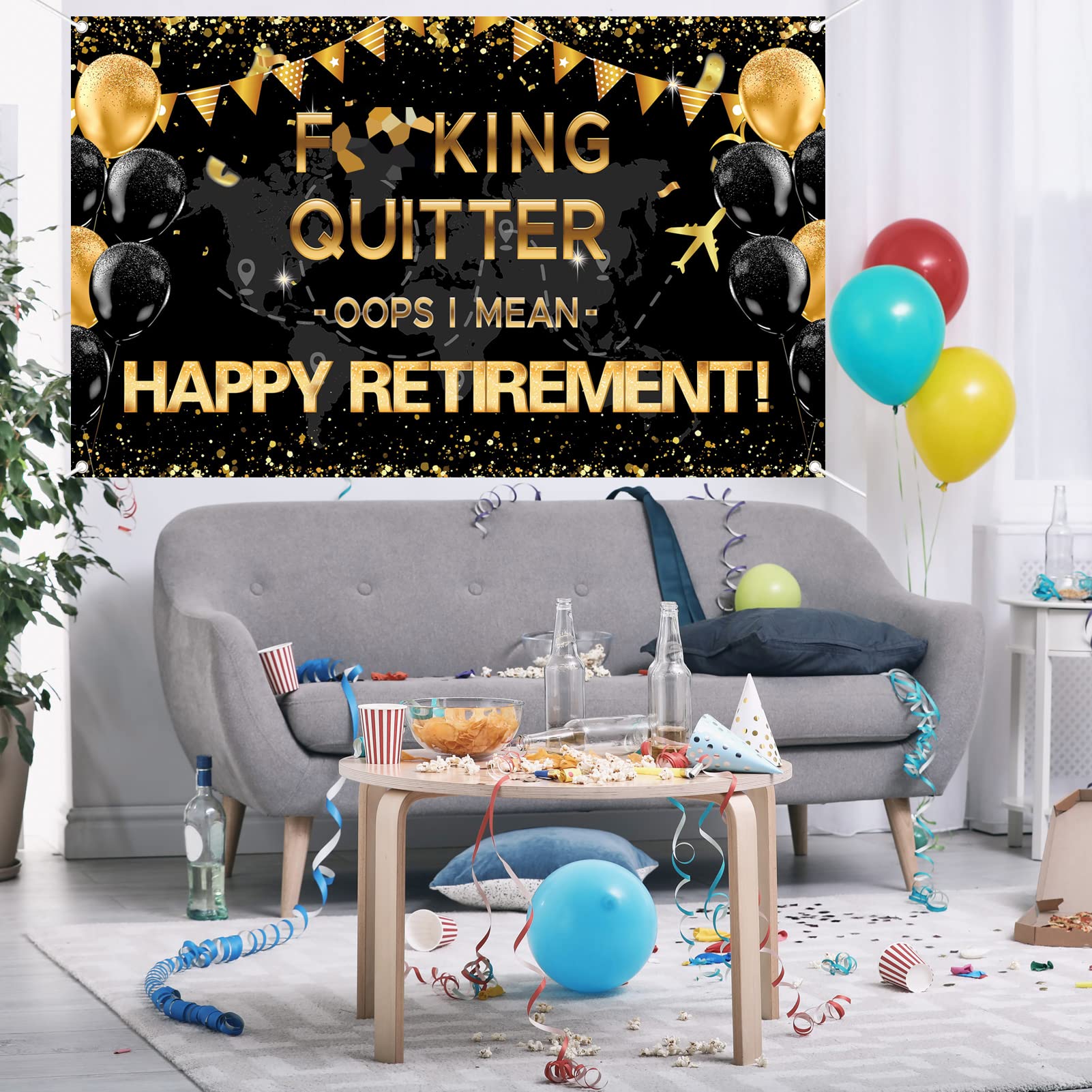 Retirement Party Decorations Happy Retirement Banner Backdrop Black and Gold Retirement Decorations for Men and Women Happy Retirement Sign