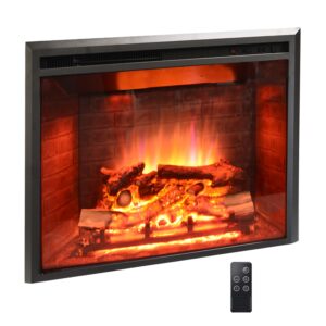 32 inch electric fireplace insert, heater, recessed mounted with weathered concrete interior, 750/1500w, black