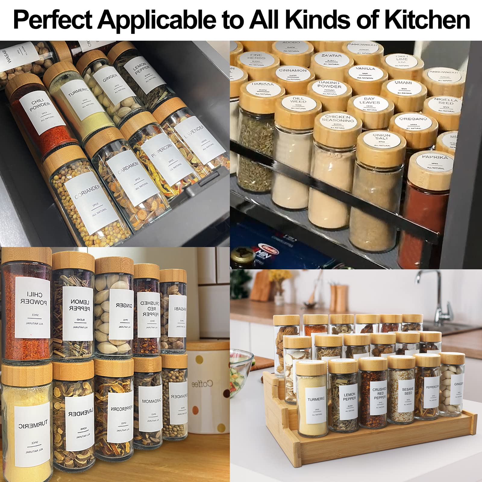 AISIPRIN Glass Spice Jars with 398 Labels-4oz 24 Pcs,Round Seasoning Jars with Bamboo Airtight Lids,Salt and Pepper Shakers Container Set -Shaker Lids, Funnel,Brush and Marker Included