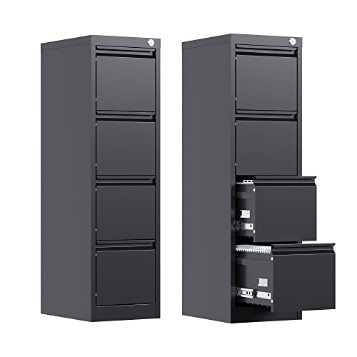 GangMei 4 Drawer Metal Vertical File Cabinet with Lock, Narrow Filing Cabinet with Hanging Letter/Legal/A4 Folders, Locking Steel Cabinet for Home, Office, Assembly Required (Black, 4 Drawers)