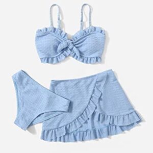 COZYEASE Girls' 3 Pcs Set Tie Front Ruffle Trim Bikini Swimsuit with Beach Skirt Cute Frill Wrap Swimsuit Light Blue 11-12Y