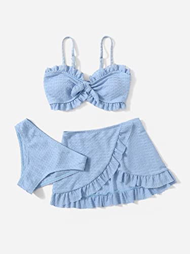 COZYEASE Girls' 3 Pcs Set Tie Front Ruffle Trim Bikini Swimsuit with Beach Skirt Cute Frill Wrap Swimsuit Light Blue 11-12Y