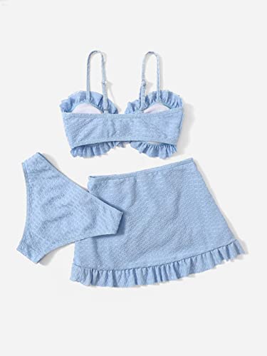 COZYEASE Girls' 3 Pcs Set Tie Front Ruffle Trim Bikini Swimsuit with Beach Skirt Cute Frill Wrap Swimsuit Light Blue 11-12Y