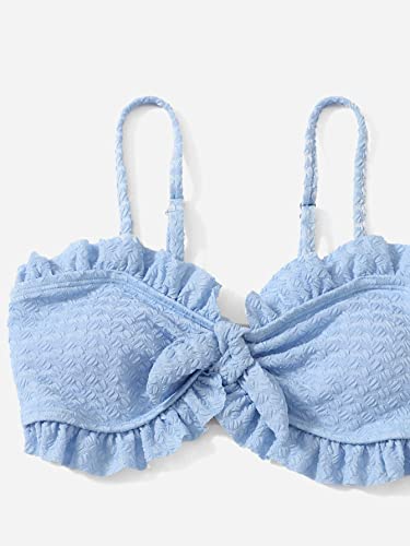 COZYEASE Girls' 3 Pcs Set Tie Front Ruffle Trim Bikini Swimsuit with Beach Skirt Cute Frill Wrap Swimsuit Light Blue 11-12Y