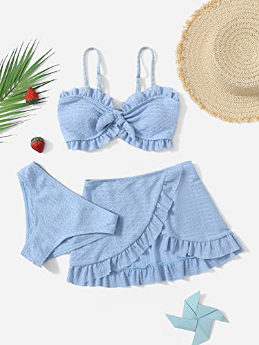 COZYEASE Girls' 3 Pcs Set Tie Front Ruffle Trim Bikini Swimsuit with Beach Skirt Cute Frill Wrap Swimsuit Light Blue 11-12Y