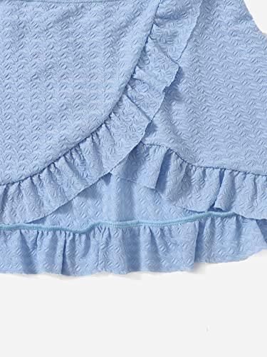 COZYEASE Girls' 3 Pcs Set Tie Front Ruffle Trim Bikini Swimsuit with Beach Skirt Cute Frill Wrap Swimsuit Light Blue 11-12Y