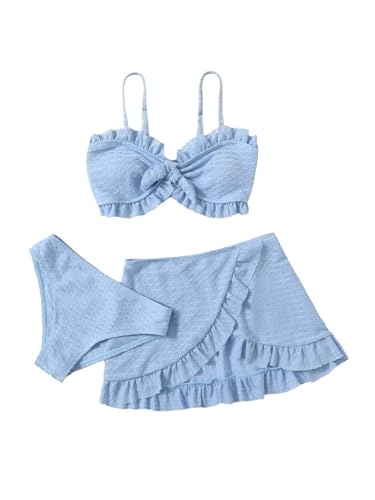 COZYEASE Girls' 3 Pcs Set Tie Front Ruffle Trim Bikini Swimsuit with Beach Skirt Cute Frill Wrap Swimsuit Light Blue 11-12Y