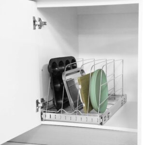 Slide Out Cutting Board for Cookie Sheet, Bakeware, and Tray, Pull-Out Organizer Kitchen Pantry Cabinet Organizer - 12.5" W x 21" D - Chrome Finish