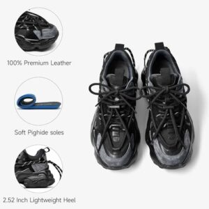 BEAU TODAY Chunky Sneakers for Women,Women Fashion Platform Sneakers,Leather Comfortable Casual Walking Dad Shoes Black US 5.5