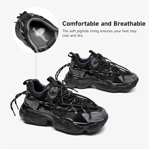 BEAU TODAY Chunky Sneakers for Women,Women Fashion Platform Sneakers,Leather Comfortable Casual Walking Dad Shoes Black US 5.5