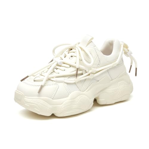 BEAU TODAY Chunky Sneakers for Women,Women Fashion Platform Sneakers,Leather Comfortable Casual Walking Dad Shoes Beige US 7