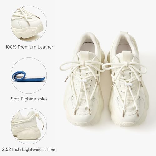 BEAU TODAY Chunky Sneakers for Women,Women Fashion Platform Sneakers,Leather Comfortable Casual Walking Dad Shoes Beige US 7