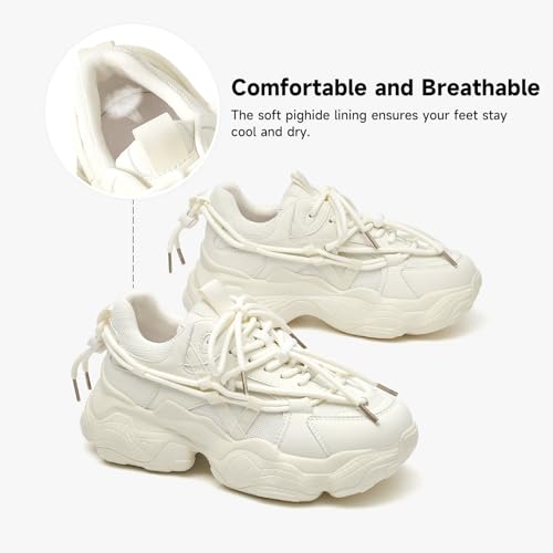 BEAU TODAY Chunky Sneakers for Women,Women Fashion Platform Sneakers,Leather Comfortable Casual Walking Dad Shoes Beige US 7