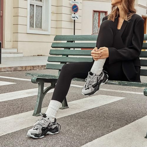 BEAU TODAY Chunky Dad Sneakers for Women,Women Fashion Platform Sneakers,Leather Comfortable Casual Walking Dad Shoes Grey&White US 6.5