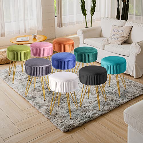 ECOMEX Velvet Round Storage Ottoman with Metal Legs, Removable Tray Cover, Upholstered Pleated Round Ottoman with Storage Round Footstool Makeup Vanity Stool for Home Living Room Bedroom, Teal