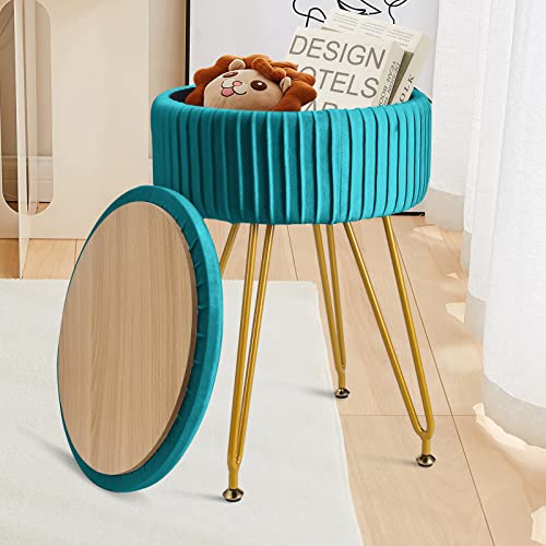 ECOMEX Velvet Round Storage Ottoman with Metal Legs, Removable Tray Cover, Upholstered Pleated Round Ottoman with Storage Round Footstool Makeup Vanity Stool for Home Living Room Bedroom, Teal