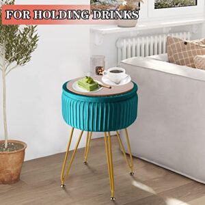 ECOMEX Velvet Round Storage Ottoman with Metal Legs, Removable Tray Cover, Upholstered Pleated Round Ottoman with Storage Round Footstool Makeup Vanity Stool for Home Living Room Bedroom, Teal