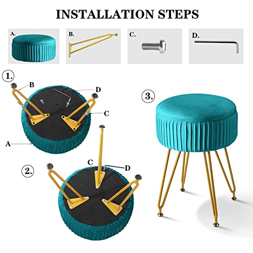 ECOMEX Velvet Round Storage Ottoman with Metal Legs, Removable Tray Cover, Upholstered Pleated Round Ottoman with Storage Round Footstool Makeup Vanity Stool for Home Living Room Bedroom, Teal