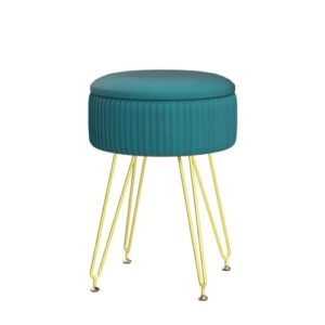 ECOMEX Velvet Round Storage Ottoman with Metal Legs, Removable Tray Cover, Upholstered Pleated Round Ottoman with Storage Round Footstool Makeup Vanity Stool for Home Living Room Bedroom, Teal