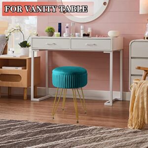 ECOMEX Velvet Round Storage Ottoman with Metal Legs, Removable Tray Cover, Upholstered Pleated Round Ottoman with Storage Round Footstool Makeup Vanity Stool for Home Living Room Bedroom, Teal