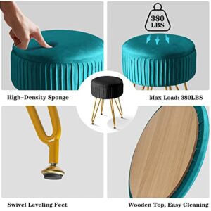 ECOMEX Velvet Round Storage Ottoman with Metal Legs, Removable Tray Cover, Upholstered Pleated Round Ottoman with Storage Round Footstool Makeup Vanity Stool for Home Living Room Bedroom, Teal