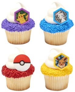 decopac pokémon i choose you rings, cupcake decorations with pikachu, eevee, mew, and poké ball, multicolored food safe cake toppers – 24 pack