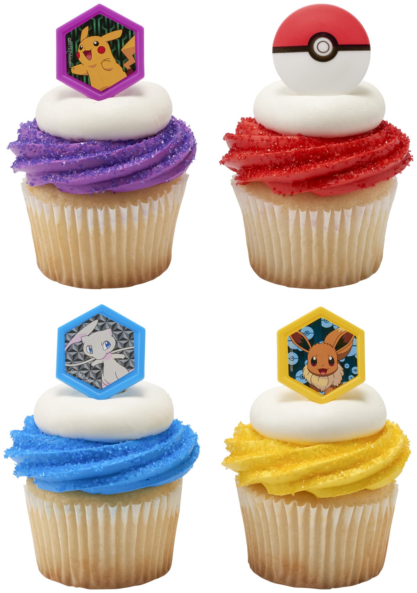 DecoPac Pokémon I Choose You Rings, Cupcake Decorations With Pikachu, Eevee, Mew, and Poké Ball, Multicolored Food Safe Cake Toppers – 24 Pack