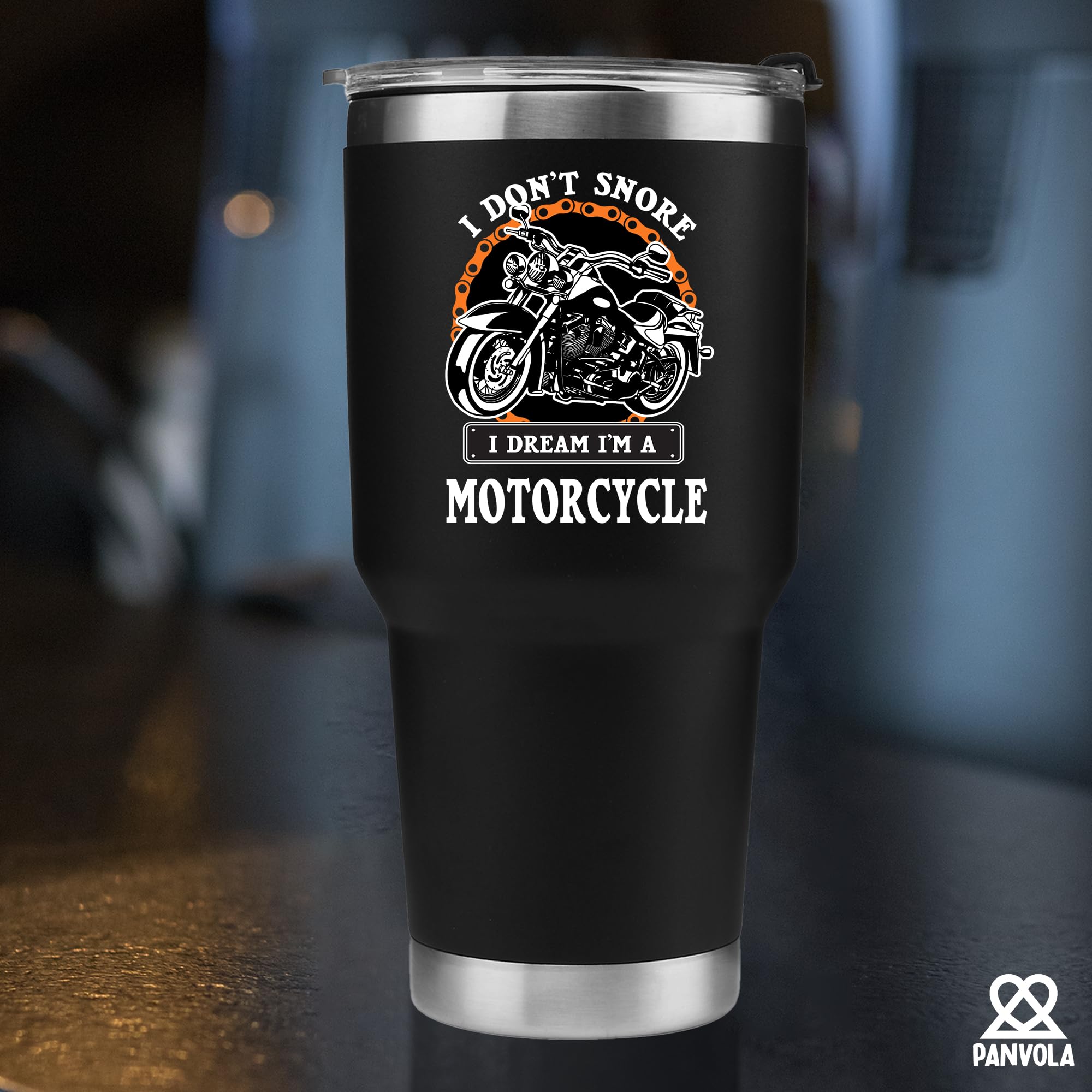 Panvola I Don't Snore I Dream I'm A Motorcycle Stainless Steel Tumbler Snorers Motorcyclist Gift Biker Rider For Dad Husband Boyfriend Uncle Travel Mug (30 oz, Black)