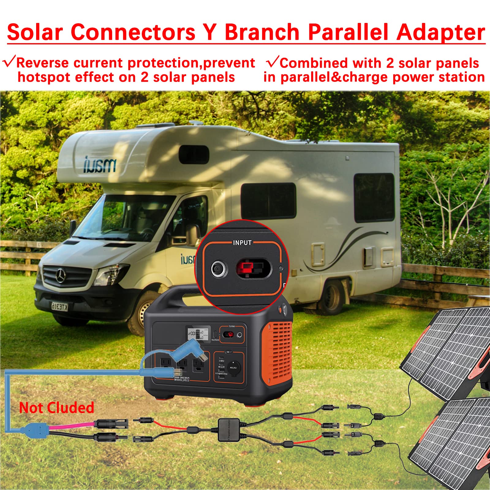 KarlKers Solar Parallel Adapter Cable Solar Y Branch Splitter Connector with Reverse Current Protection, Solar Panel Splitter Connector for Portable Power Station Wire Plug Tool Kit