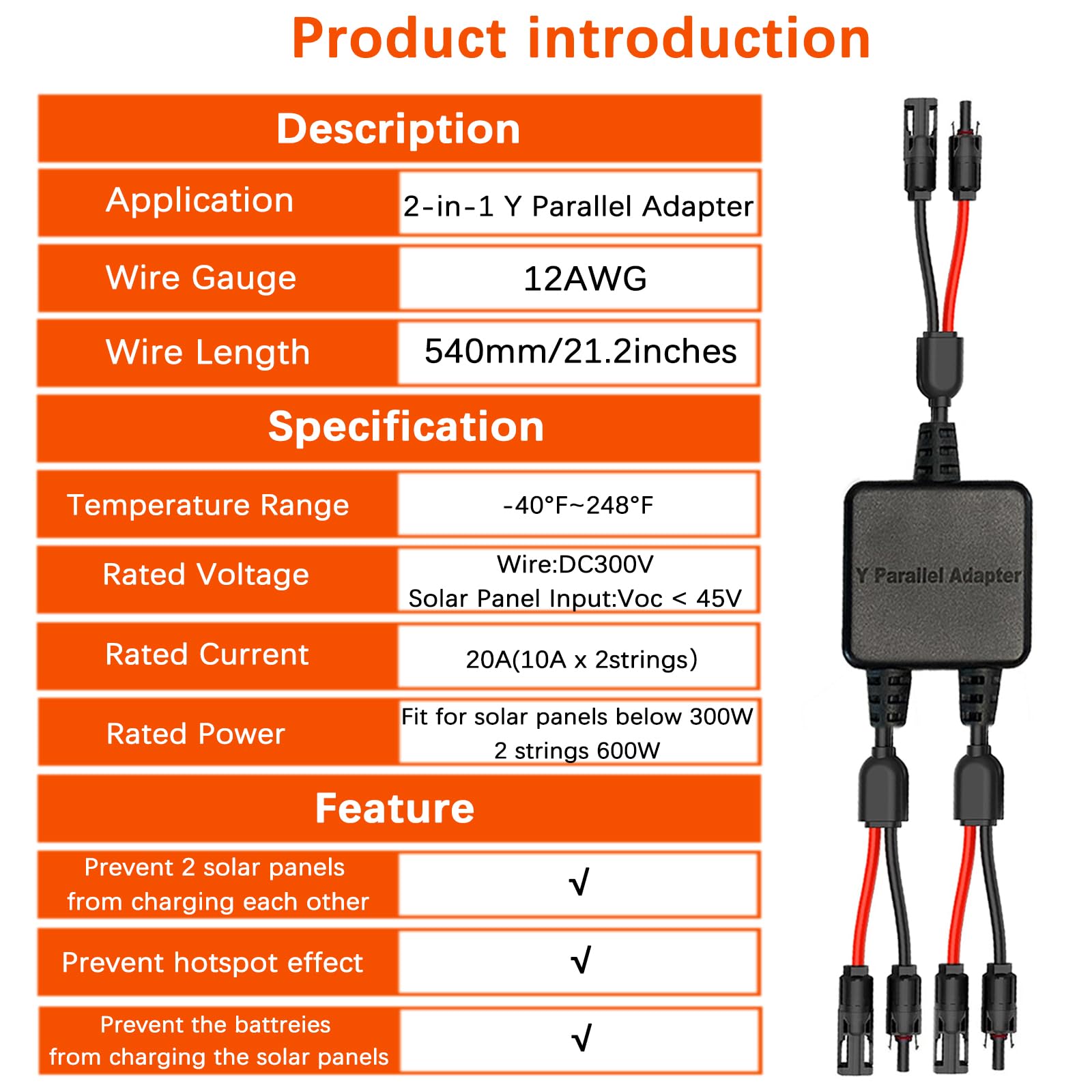 KarlKers Solar Parallel Adapter Cable Solar Y Branch Splitter Connector with Reverse Current Protection, Solar Panel Splitter Connector for Portable Power Station Wire Plug Tool Kit