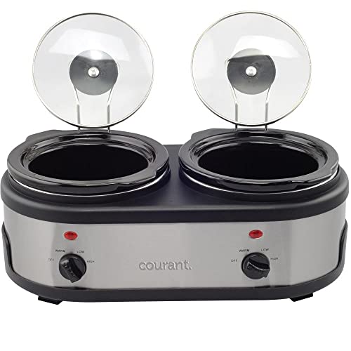 Courant 3.2-Quart Double Slow Cooker(1.6-Qt each) w/Warm Settings, Stainproof Stoneware Pots and Glass Lids – Stainless Steel