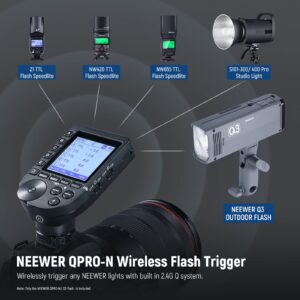 NEEWER Q3 200Ws 2.4G TTL Flash (2nd Version), 1/8000 HSS Strobe Light Photography Monolight with QPRO-N Trigger Compatible with Nikon, Diffuser/3200mAh Battery/500 Full Power Pops/Recycle in 0.01-1.8s